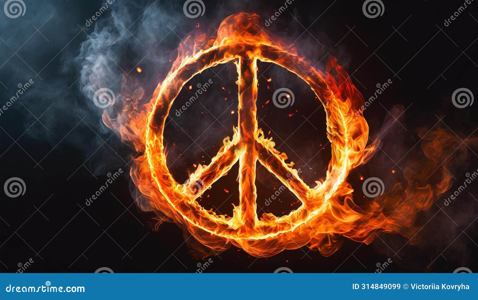 Peace Symbol Made of Fire Flames, Smoke on Dark Backdrop Stock ...