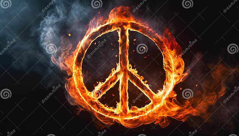 Peace Symbol Made of Fire Flames, Smoke on Dark Backdrop Stock ...