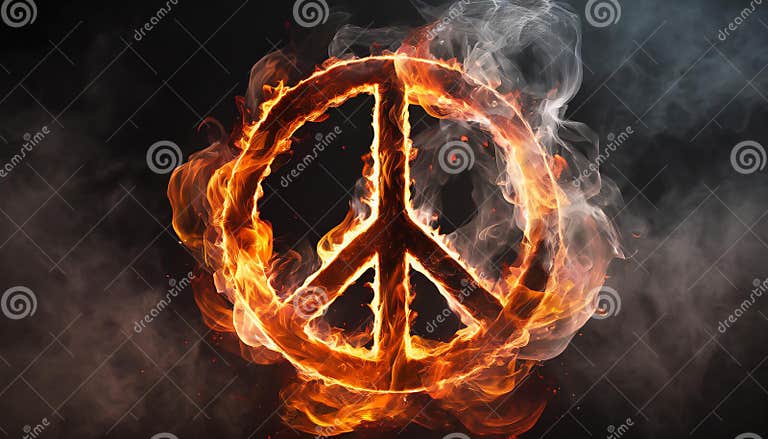 Peace Symbol Made of Fire Flames, Smoke on Dark Backdrop Stock ...