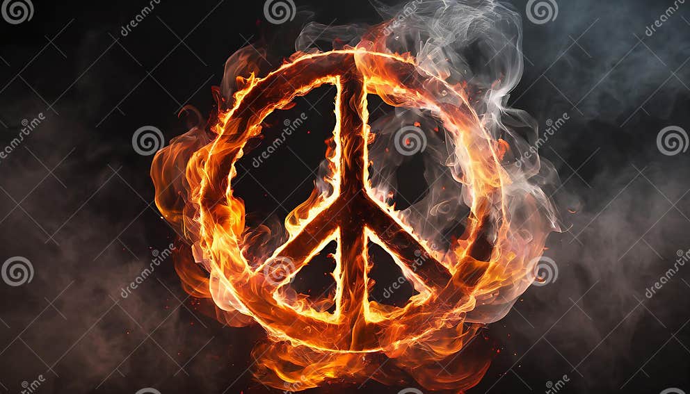 Peace Symbol Made of Fire Flames, Smoke on Dark Backdrop Stock ...
