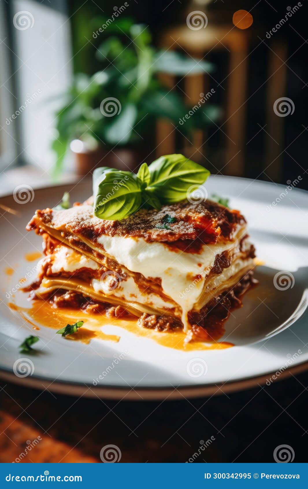 Peace of Traditional Lasagna with Bolognese Served with Basil in Font ...