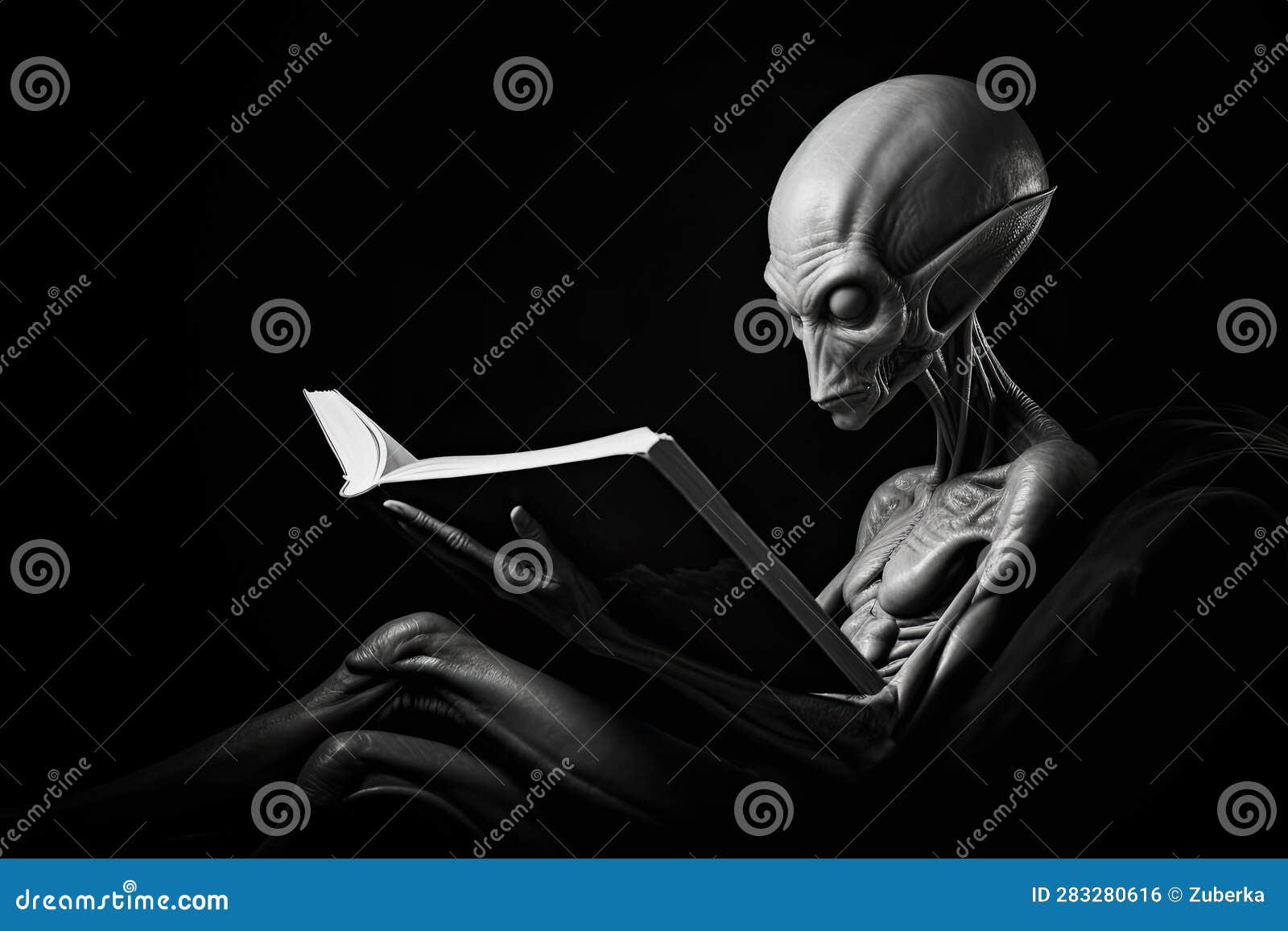 Peaceful Alien Reading Book on Black Background Stock Illustration ...