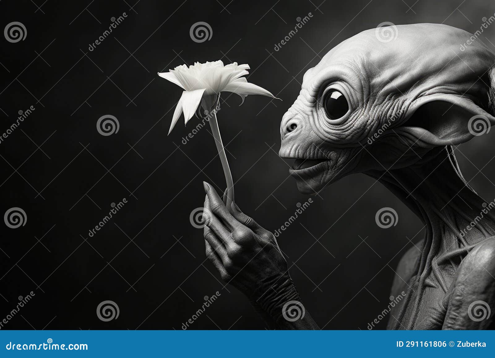 Peaceful Alien Smelling Flower on Black Background Stock Illustration ...