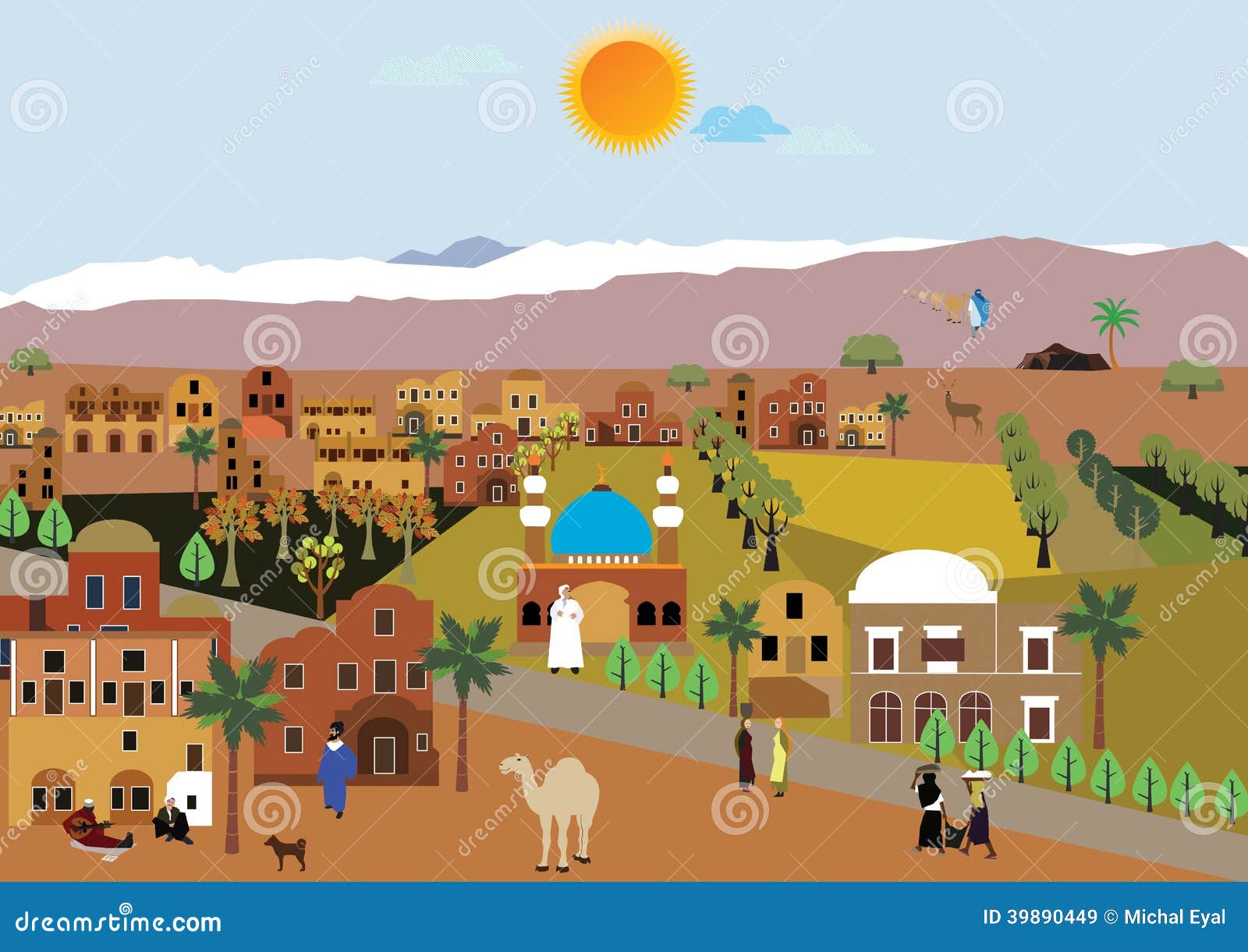 Peaceful Arab Village in the Desert Stock Illustration - Illustration ...