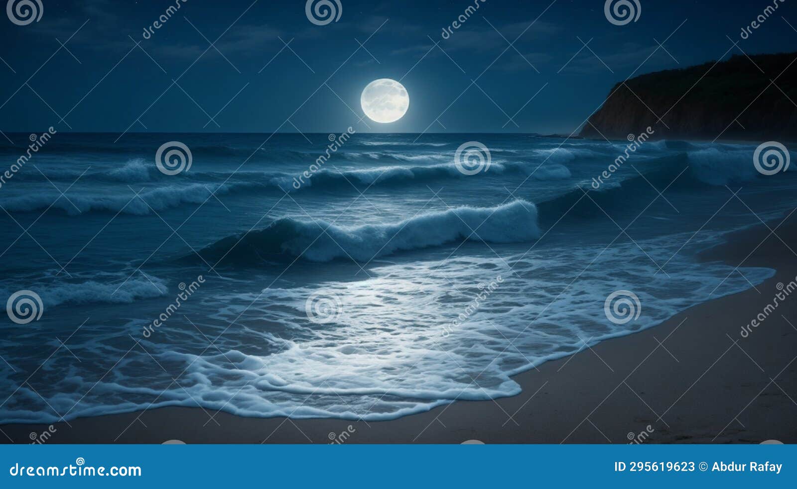 A Peaceful Beach with Waves Softly Lit by the Moonlight Stock ...