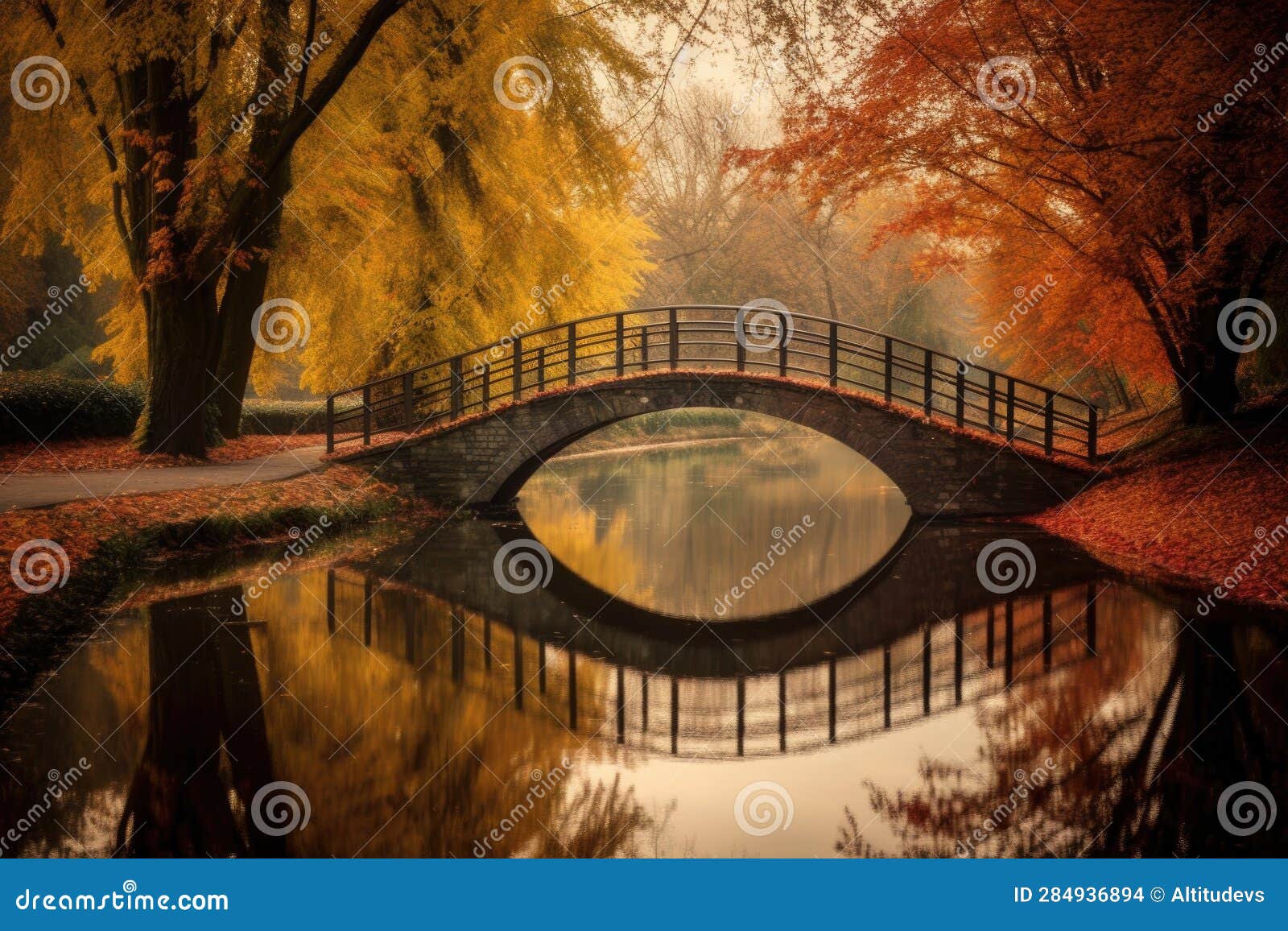 A Peaceful Bridge Over a River with Fall Foliage Stock Illustration ...
