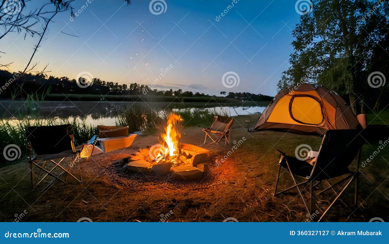 Peaceful Camping by the River at Twilight with a Glowing Campfire and ...