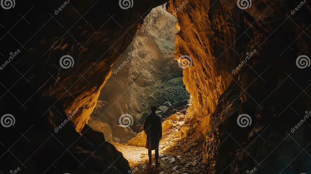 A Peaceful Cave Interior Illuminated by Soft Sunlight from a Hidden ...