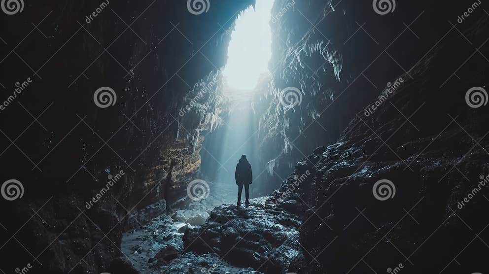 A Peaceful Cave Interior Illuminated by Soft Sunlight from a Hidden ...