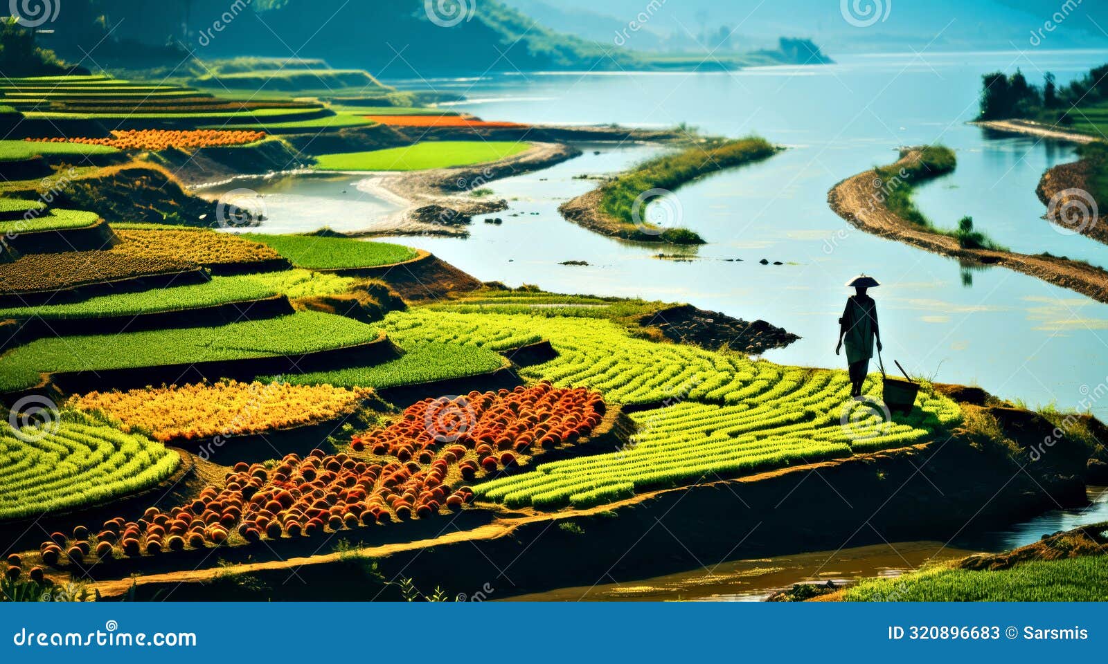 Peaceful Farmer Working in Vibrant Terraced Rice Fields by a Serene ...