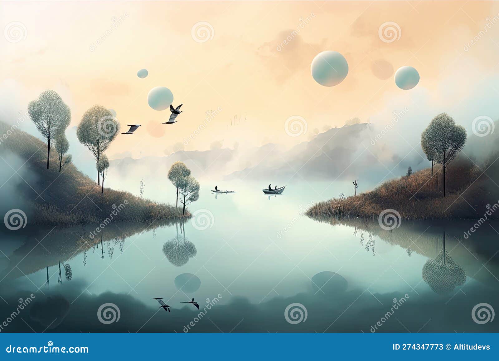 Peaceful Float in Surreal Landscape with Mist and Birds Flying by Stock ...