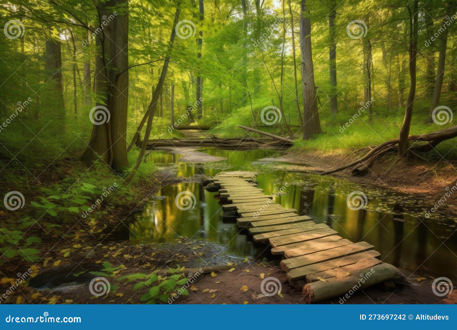 Peaceful Forest with Duckboards Path and Stream Stock Photo - Image of ...