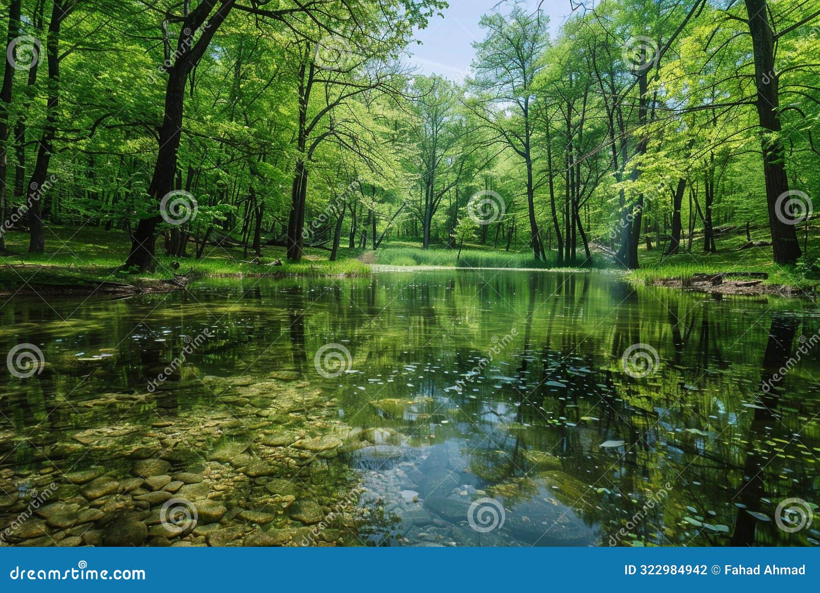 Peaceful Forest Pond with Clear Water and Green Trees, Springtime Scene ...