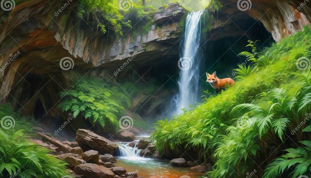 Serene Forest Waterfall with Fox in Lush Greenery Stock Photo - Image ...