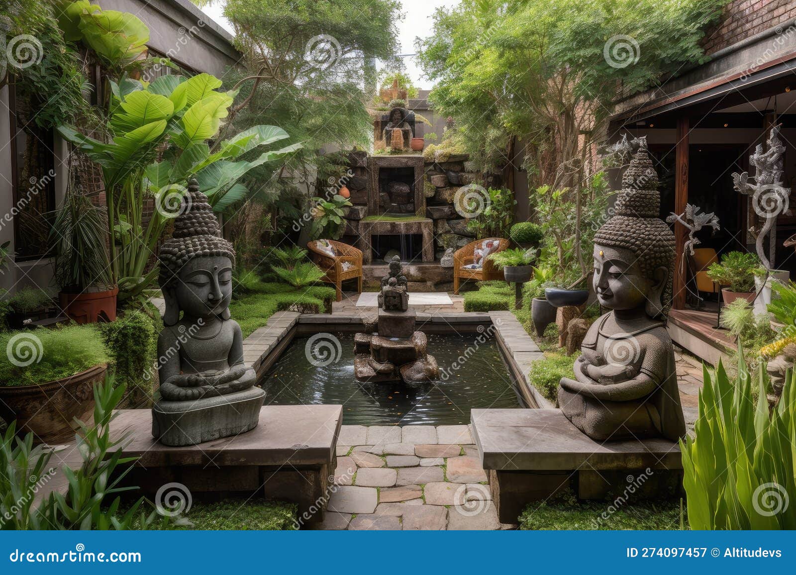 Peaceful Garden with Serene Water Feature, Surrounded by Sculptures and ...