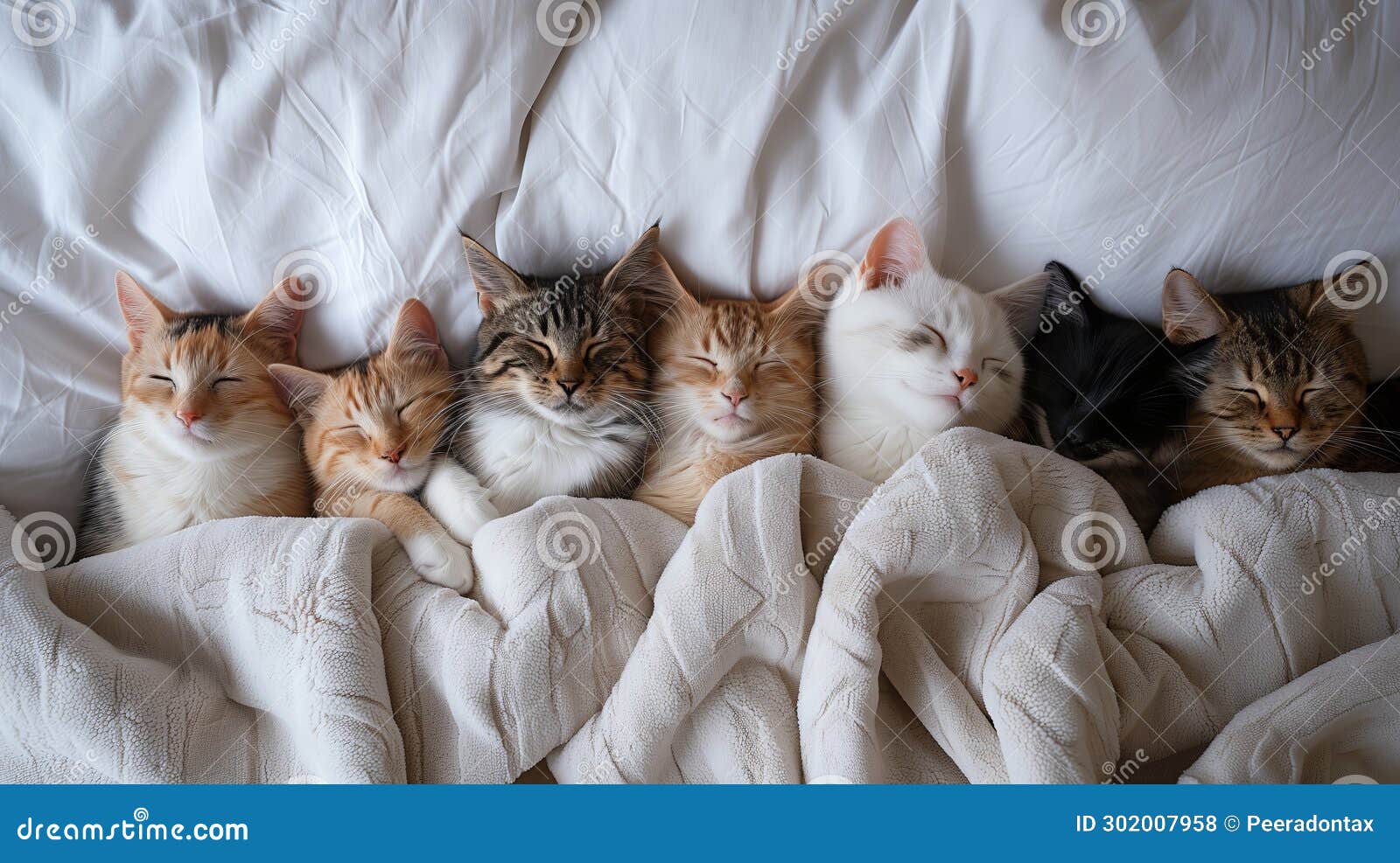 A Peaceful Gathering of Sleeping Persian Kittens in Bed Stock ...
