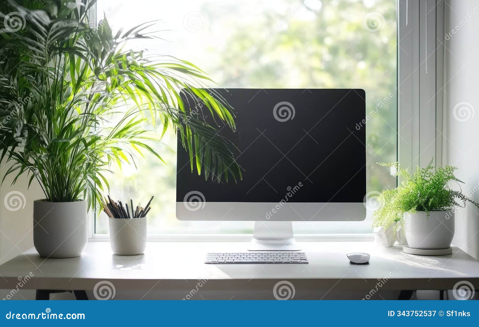 Peaceful Home Office Setup with a Desktop Computer Surrounded by Lush ...