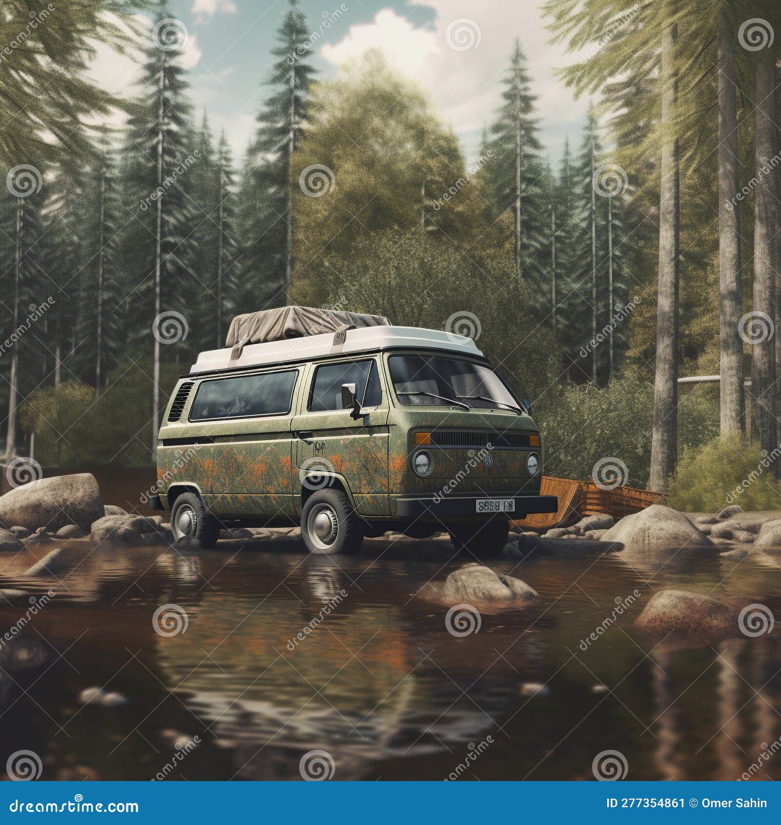 Camper Van Parked on the Edge of a Tranquil Forest Lake with Woodland ...