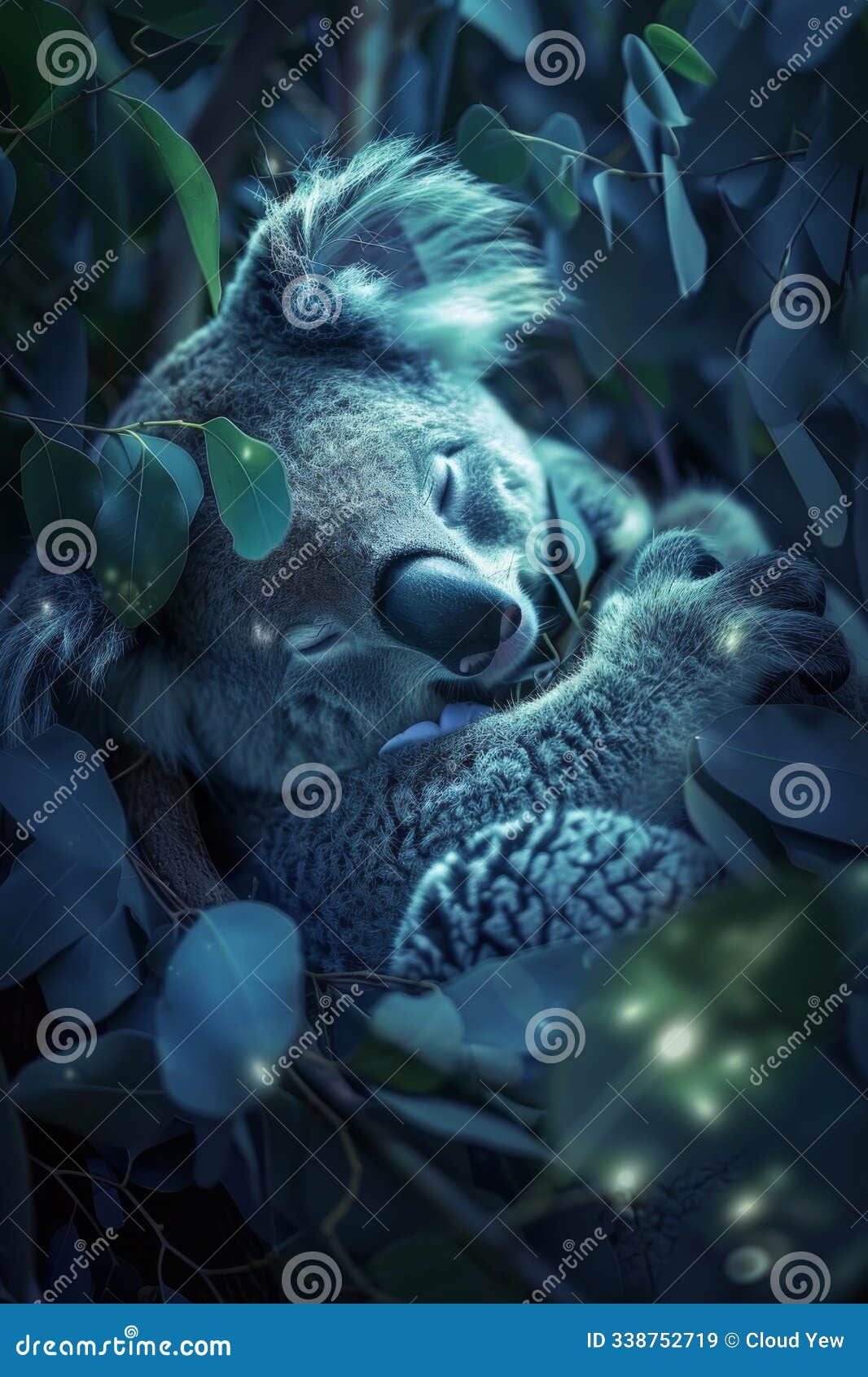 Peaceful Koala Sleeping in Eucalyptus Tree at Night with Glowing ...