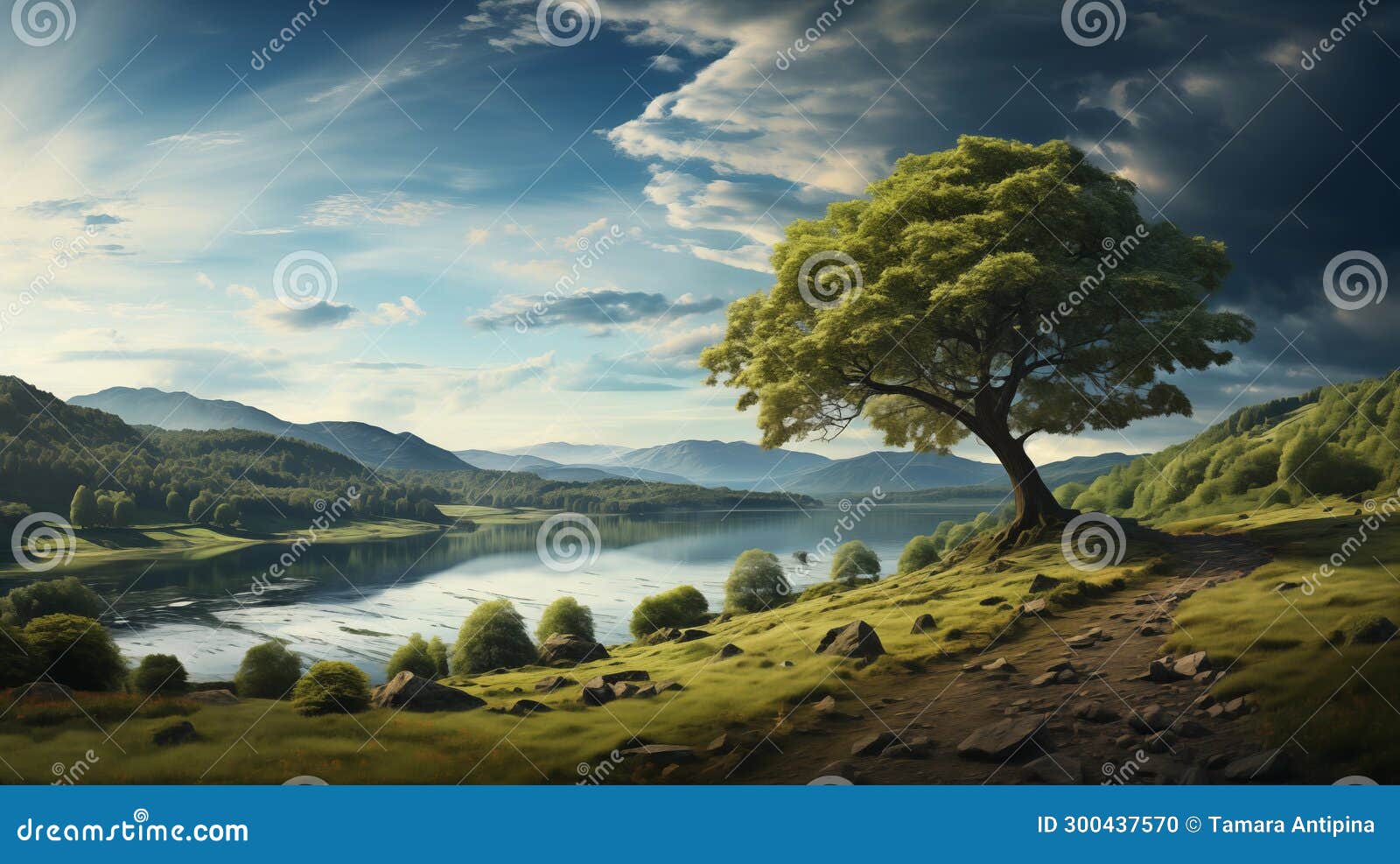 Peaceful Landscape. River and Tree on the Bank. Summer. Horizontal ...