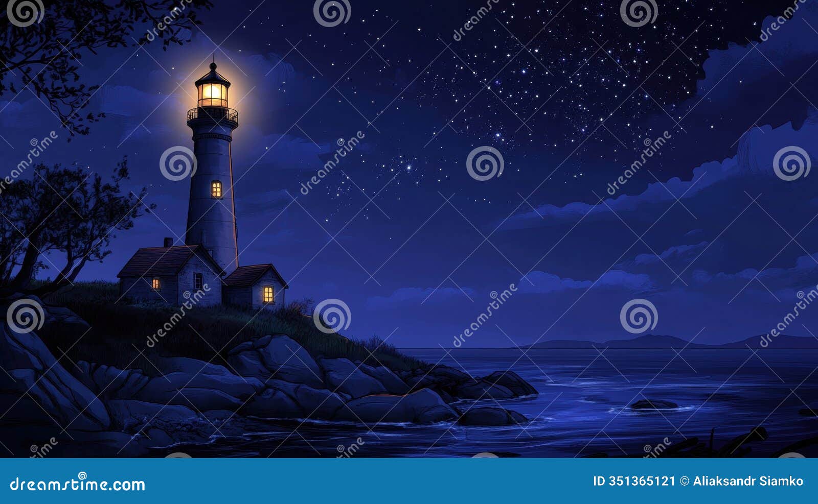 Peaceful Lighthouse Illuminated Under a Starry Night Sky Stock ...
