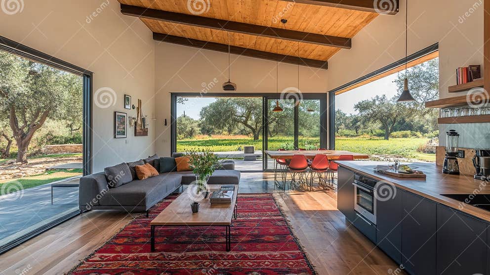 Peaceful Living Area with Ample Windows and Visible Beams Stock Image ...