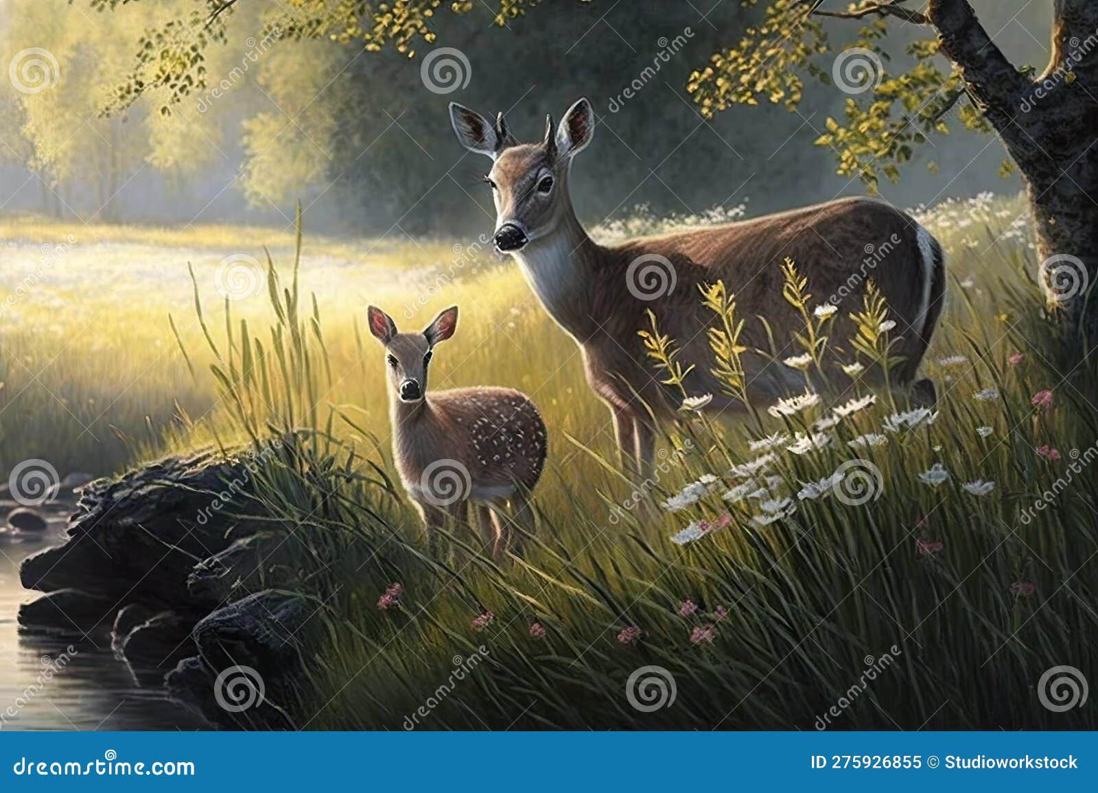 Peaceful Moment, with Deer Grazing in the Meadow Stock Illustration ...