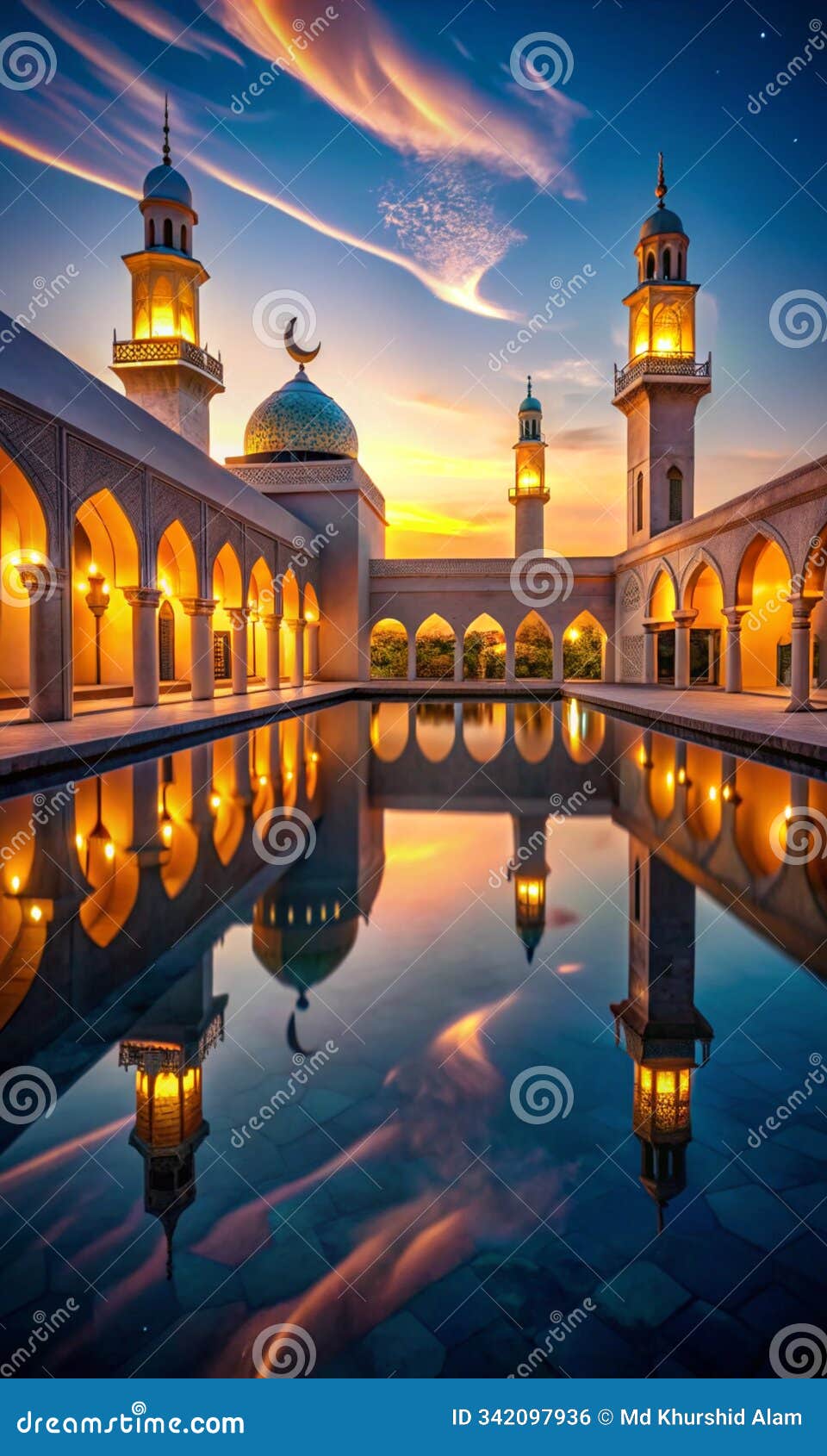 Peaceful Mosque Courtyard with Lanterns, Moonlight, and Reflections in ...