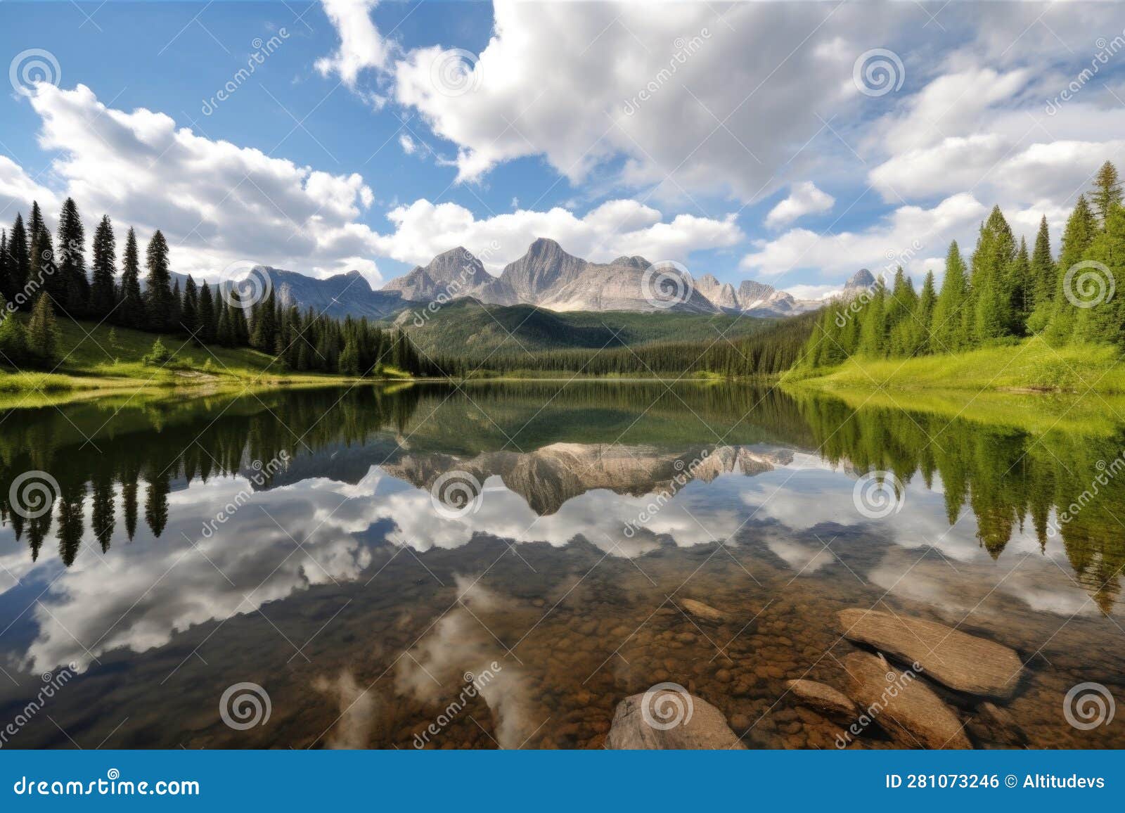 Peaceful Mountain Lake Reflecting the Peaks and Clouds in the Distance ...