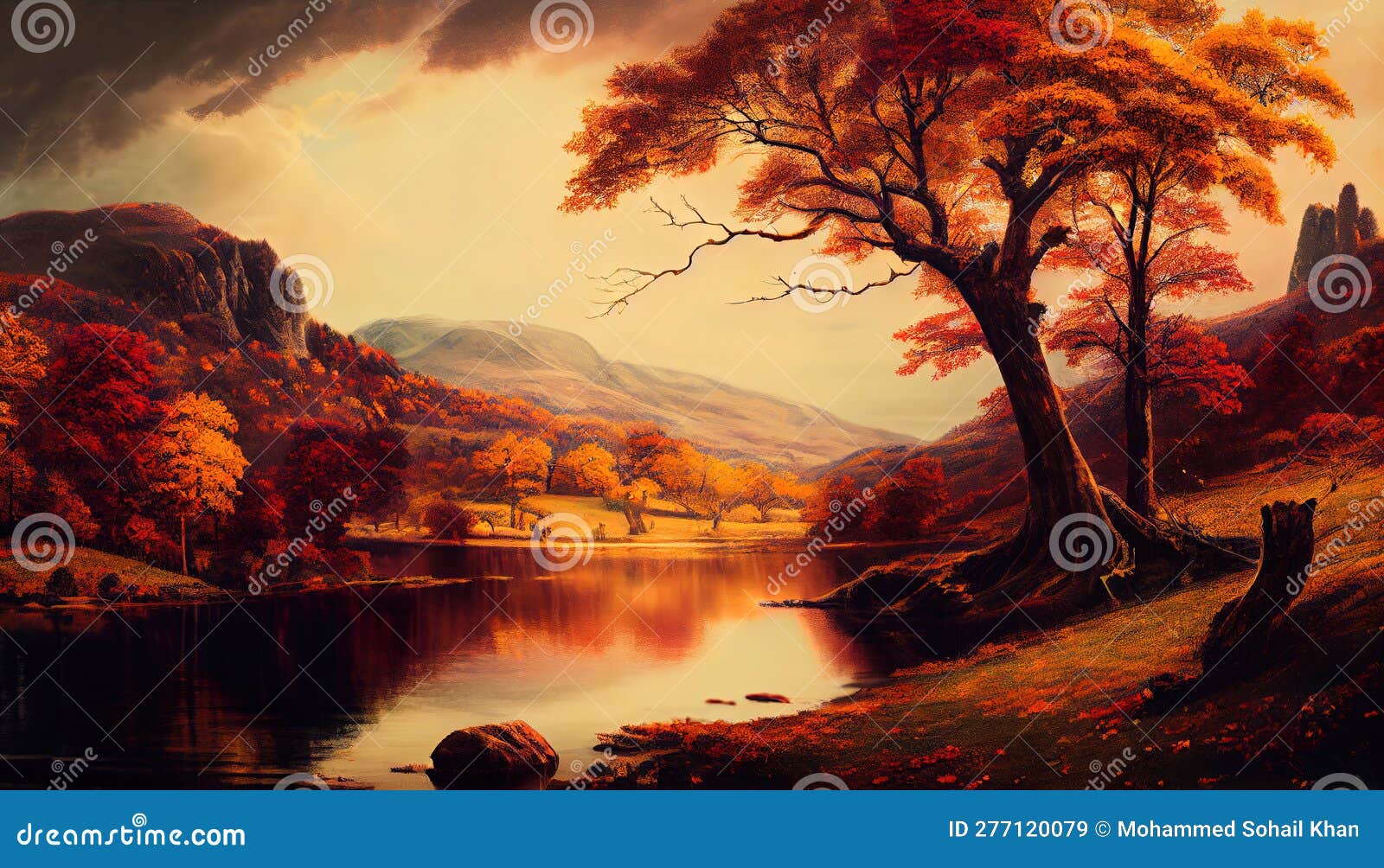 A Peaceful Mountains with River and Trees of Autumn Landscape ...