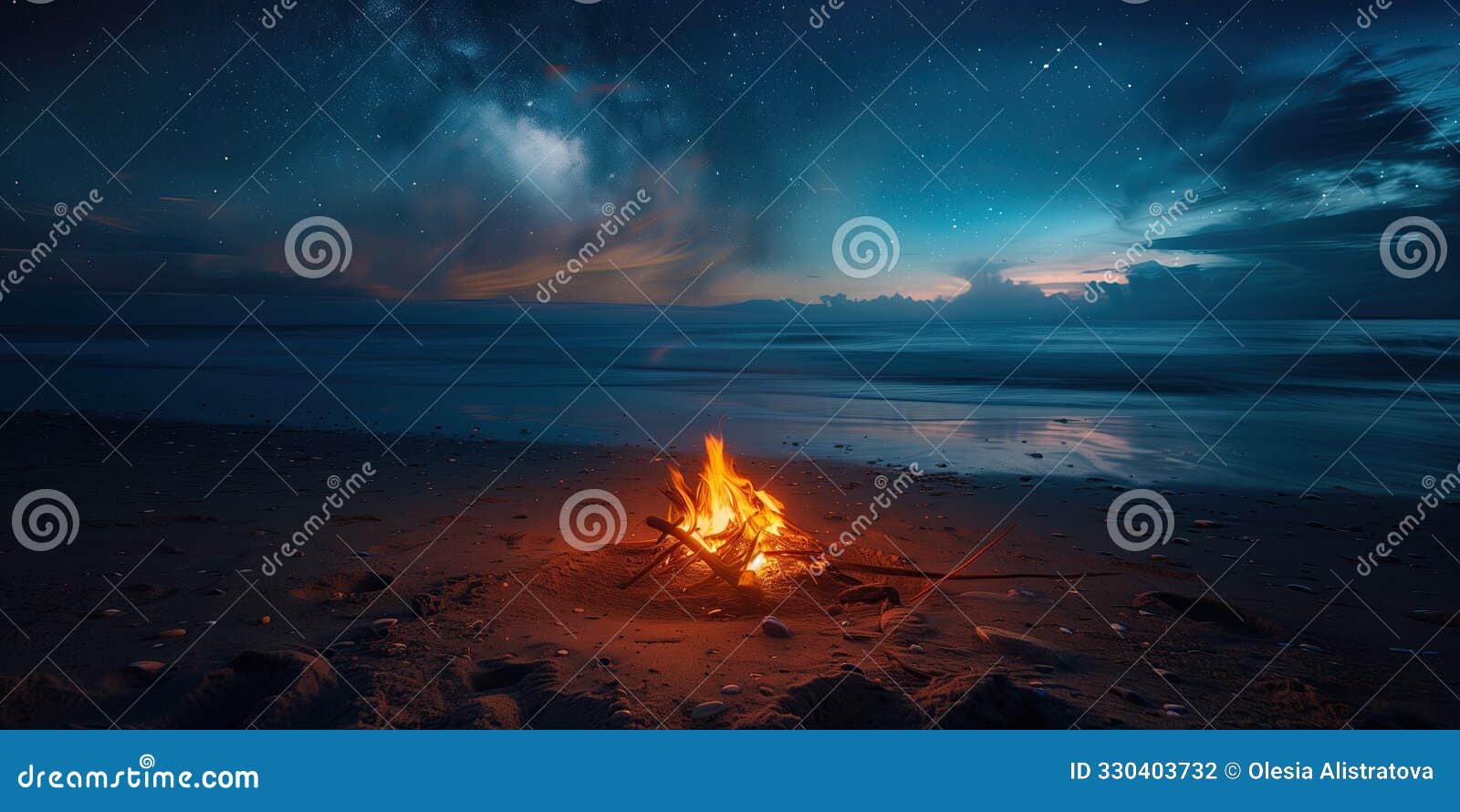 Peaceful Night Beach Scene with a Small Fire, Gathering Place, with ...