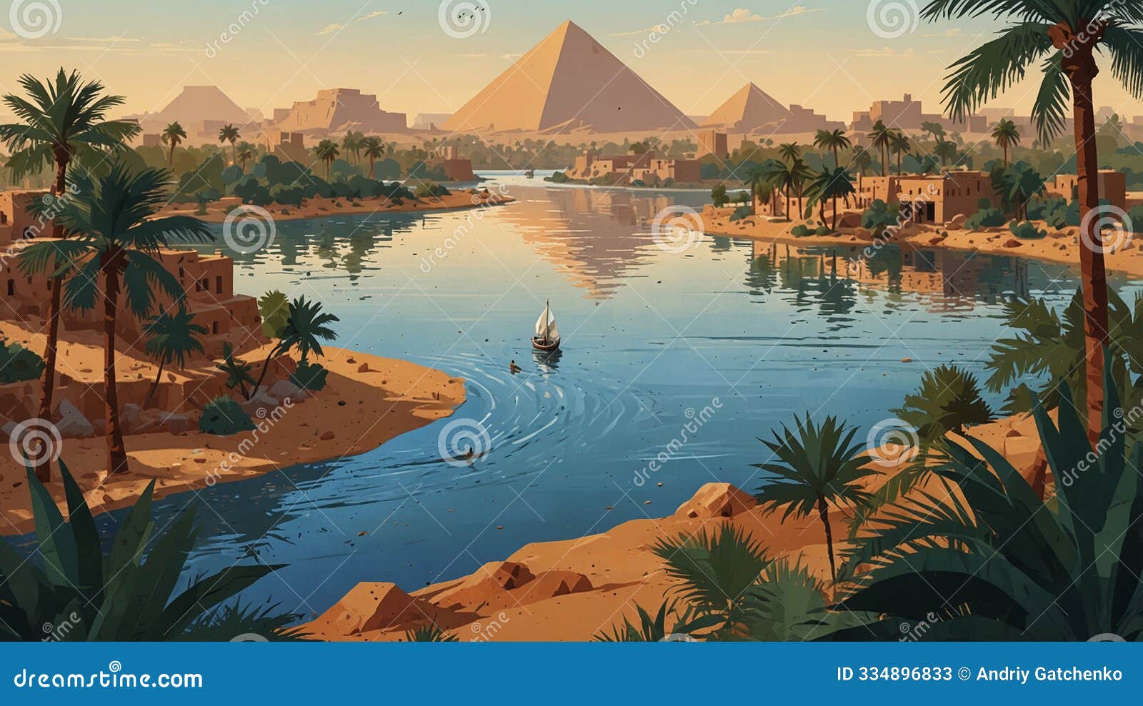 Peaceful Nile River Scene with Ancient Egyptian Pyramids and Lush Palm ...