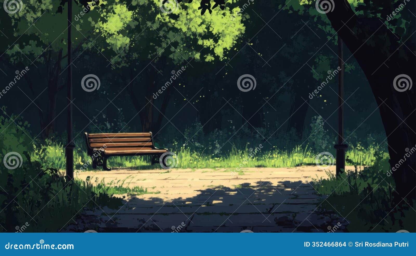 Peaceful Park With A Bench And Trees Vector Illustration ...