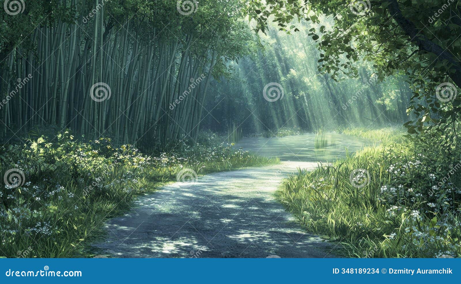 A Peaceful Path through Green Nature, a Forest Pathway Illuminated by ...