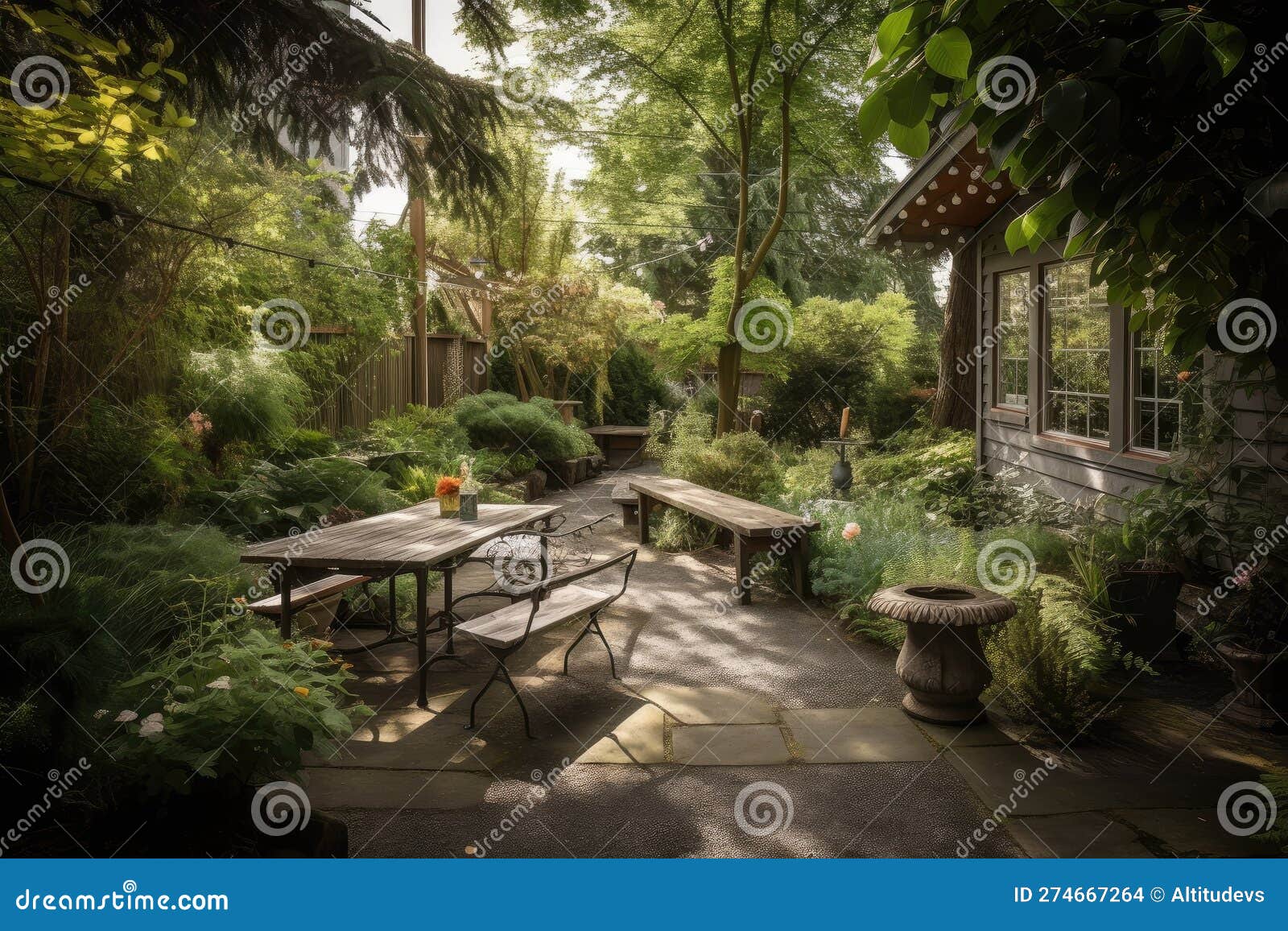 Peaceful Patio, Surrounded by Beautiful Garden and Towering Trees Stock ...