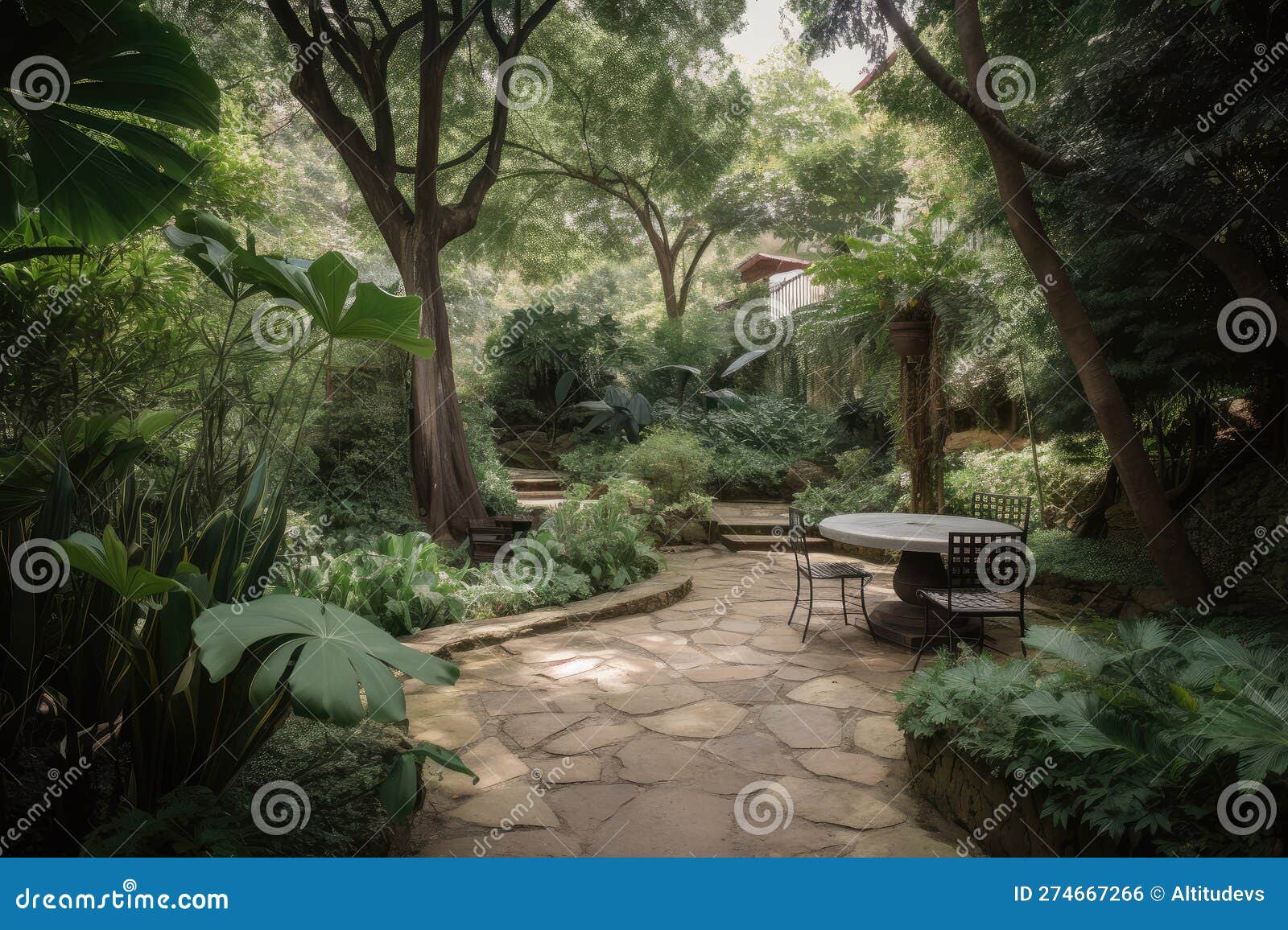 Peaceful Patio, Surrounded by Beautiful Garden and Towering Trees Stock ...