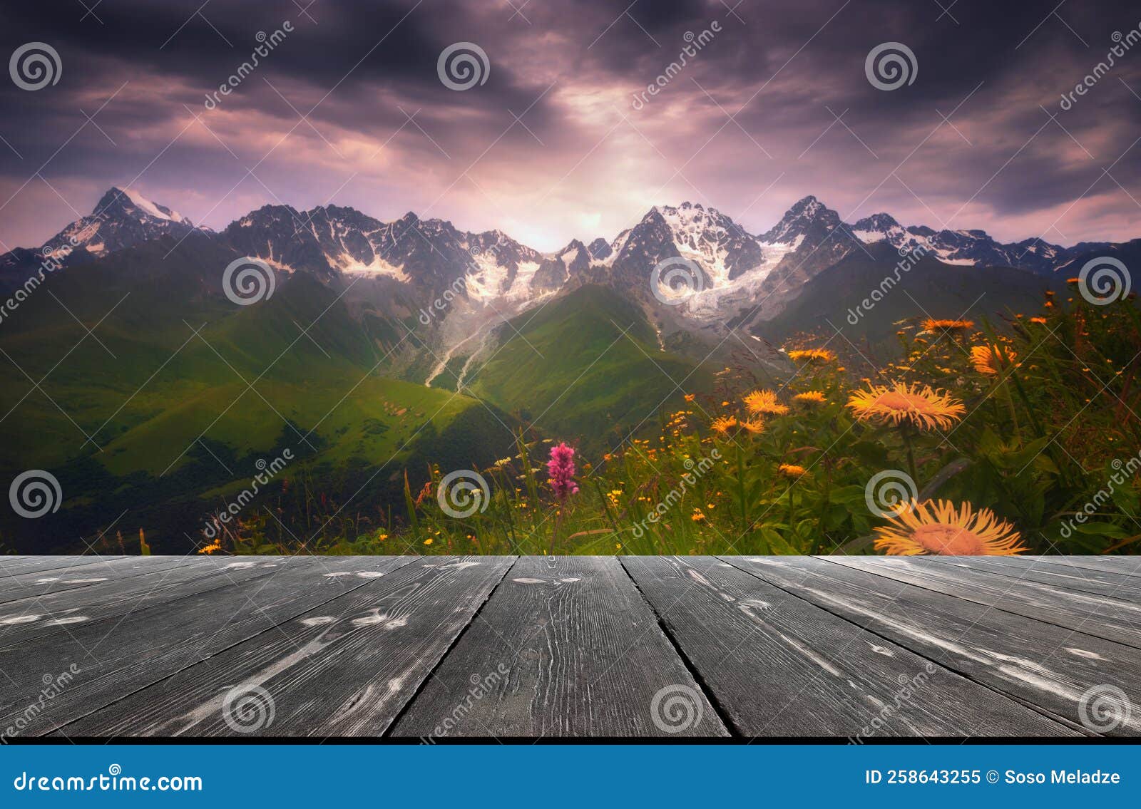 Peaceful Place in Mountains with Empty Wooden Table. Natural Template ...