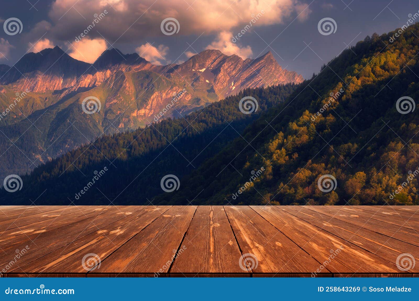 Peaceful Place in Mountains with Empty Wooden Table. Natural Template ...