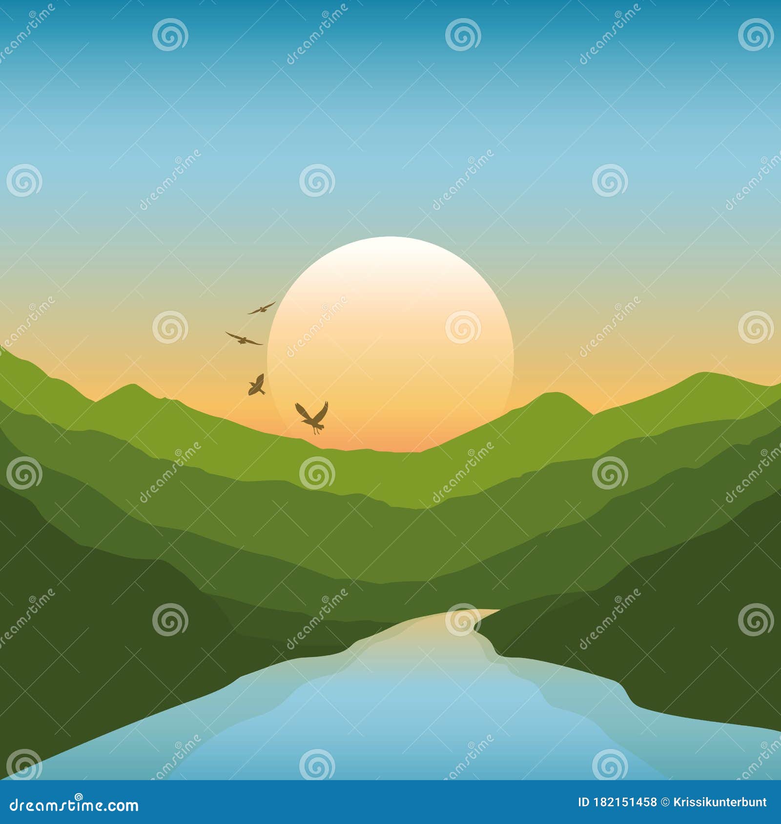 Peaceful River in the Mountains Green Summer Landscape at Sunset Stock ...
