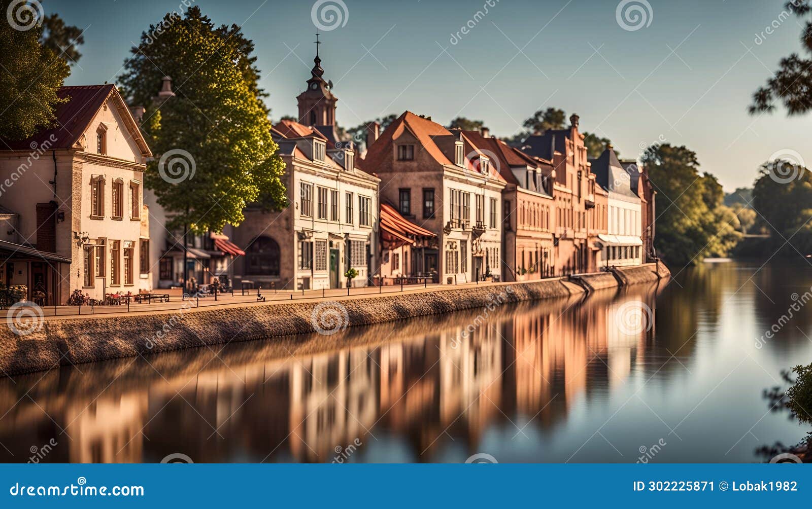 A Peaceful Riverside Town with Historic Architecture Stock Illustration ...