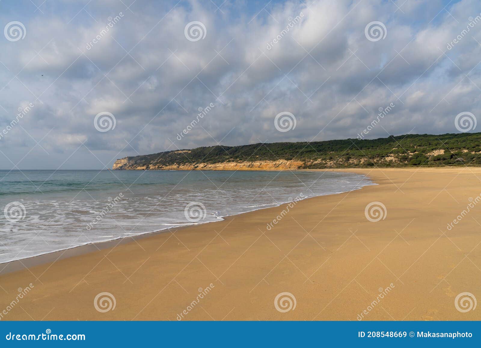 Peaceful Sandy Beach with Gentle Waves and Tree Covered Cliffs in the ...