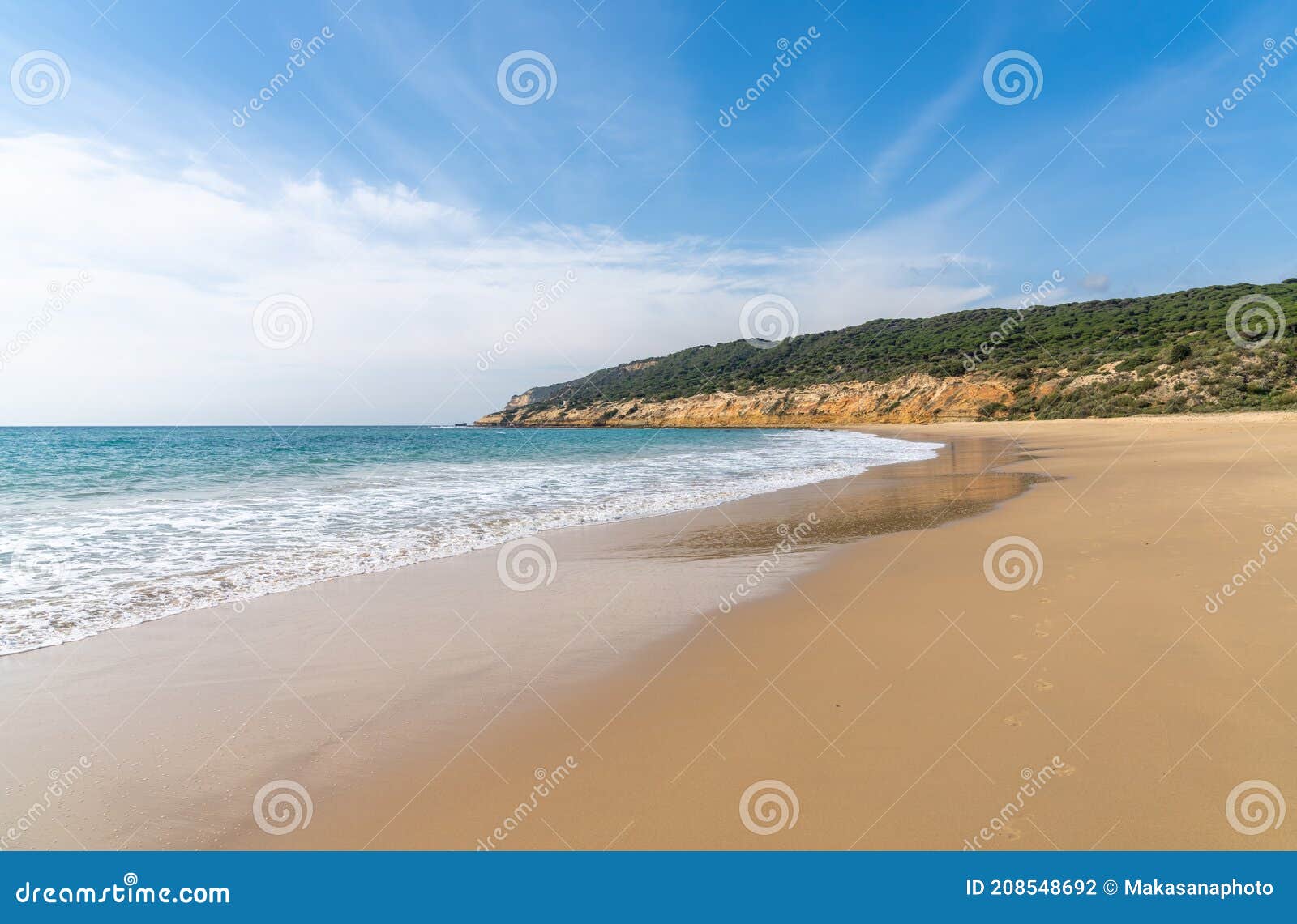 Peaceful Sandy Beach with Gentle Waves and Tree Covered Cliffs in the ...