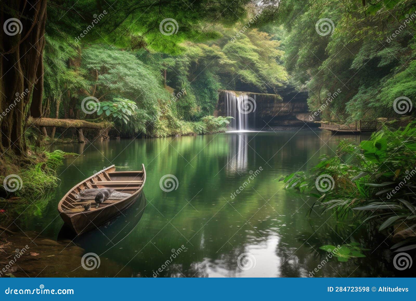 Peaceful Scene with Cascading Waterfall and Rowing Boat in the ...