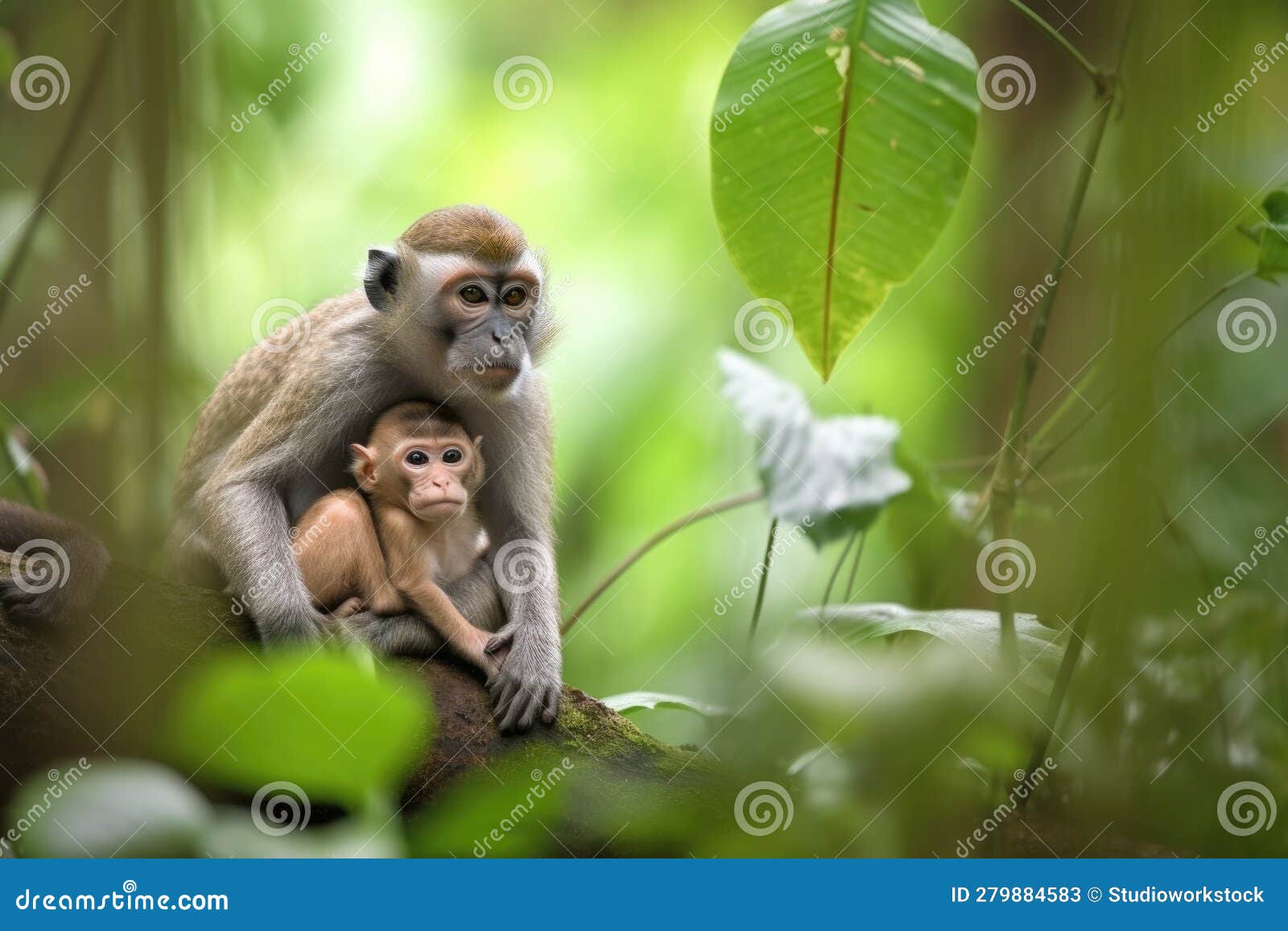 Peaceful Scene of Mother Monkey with Her Infant on Back, Surrounded by ...