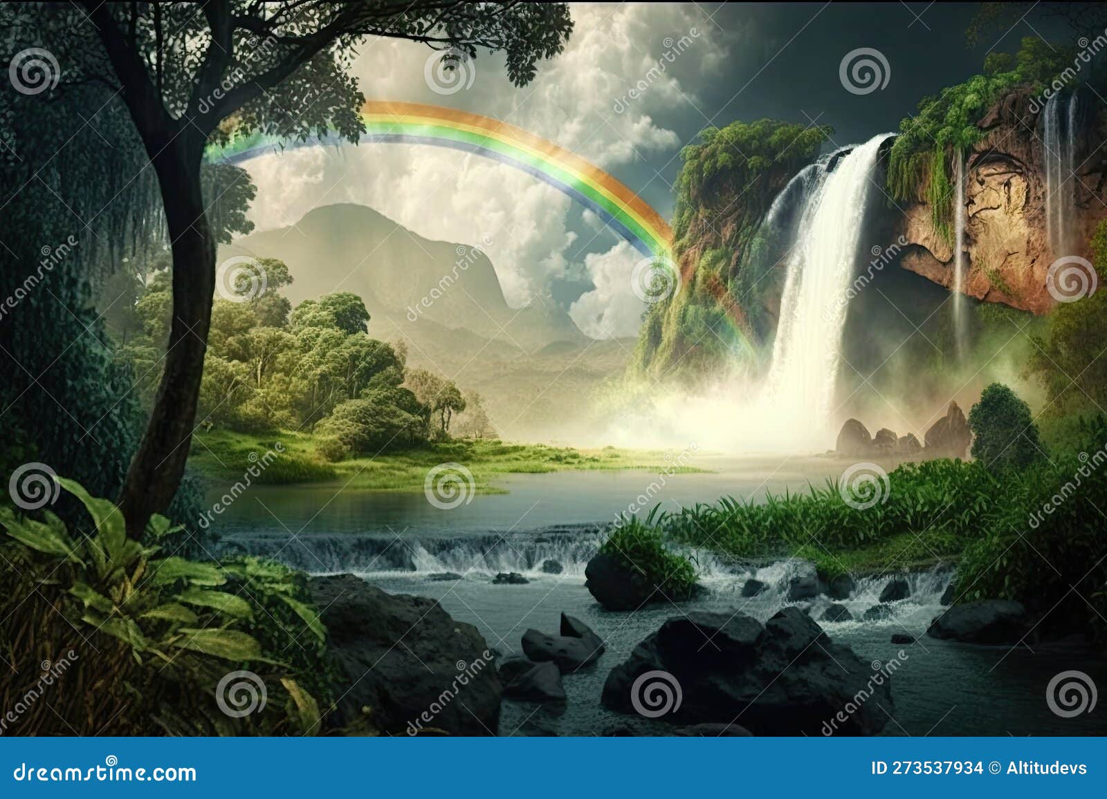 Rainbow Waterfall. Realistic 3d Natural Objects And Physical Event ...