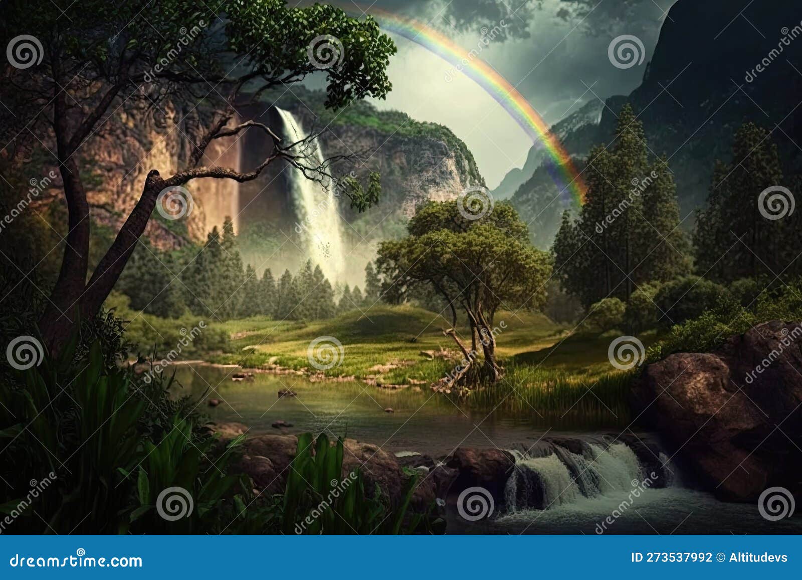 Rainbow Waterfall. Realistic 3d Natural Objects And Physical Event ...