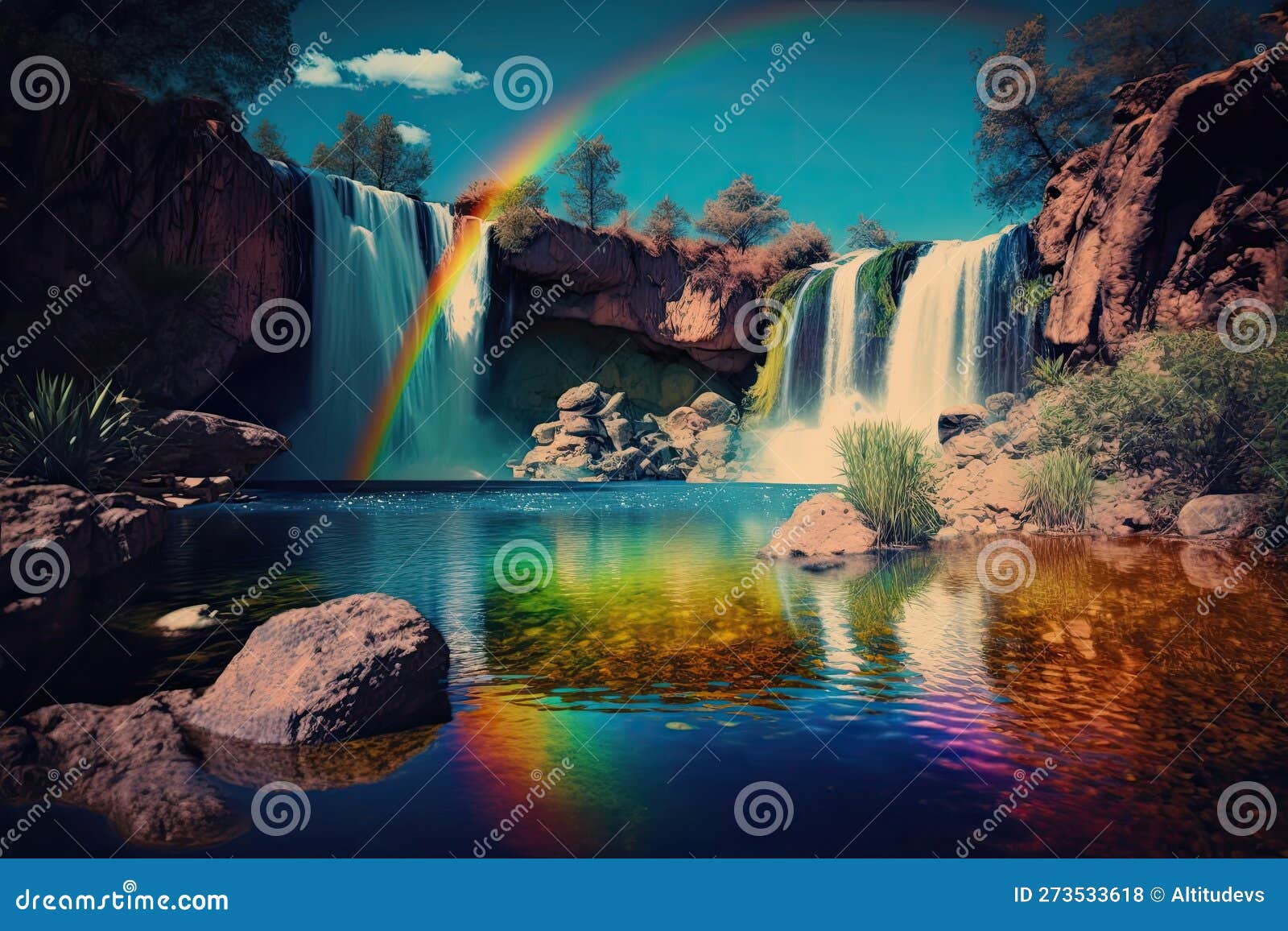 Peaceful Scenery of Tranquil Waterfall with Rainbow and Clear Blue Sky ...