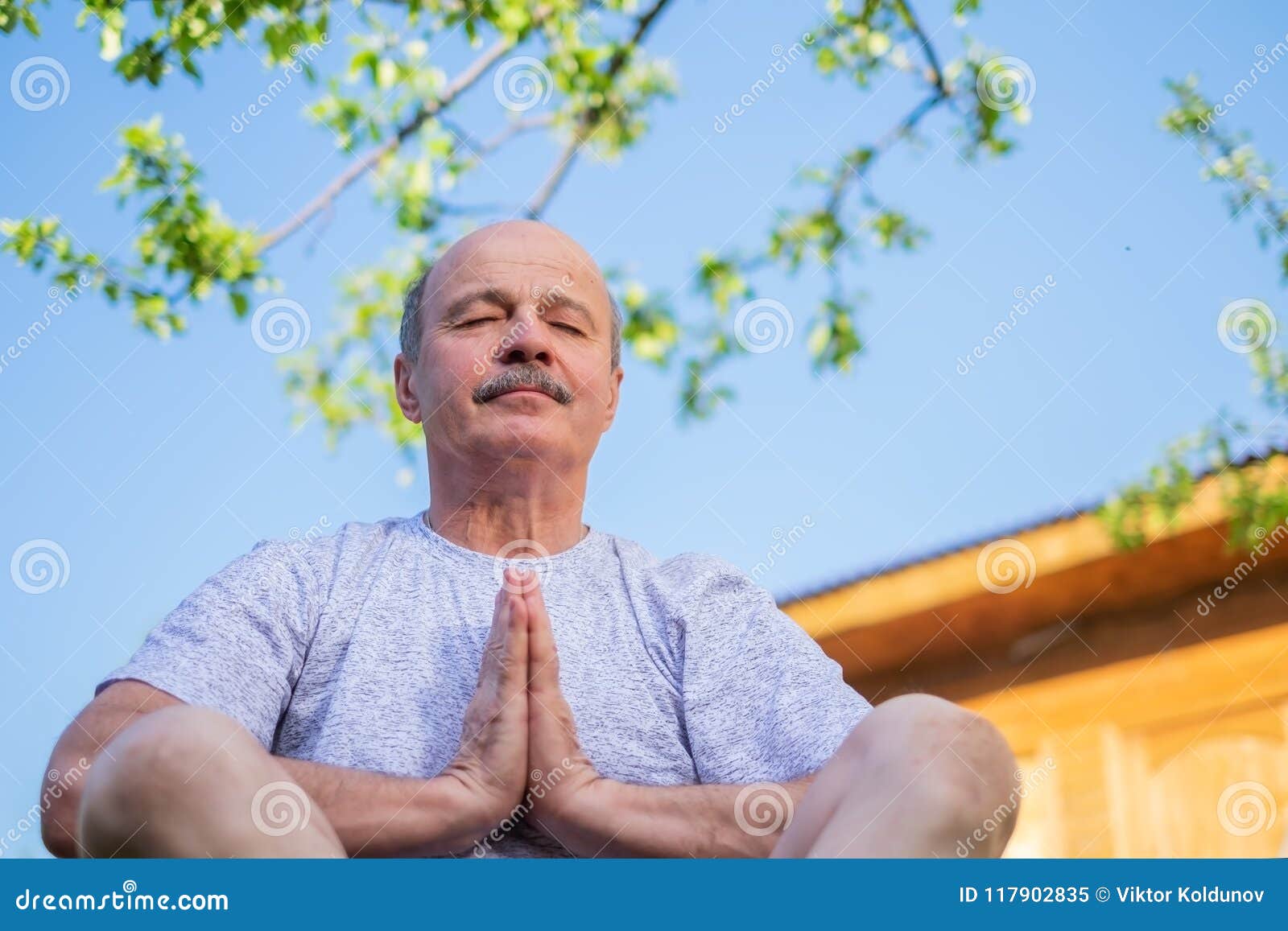 Peaceful Senior Man Meditating Seated Ooutdoor Under The Tree Stock