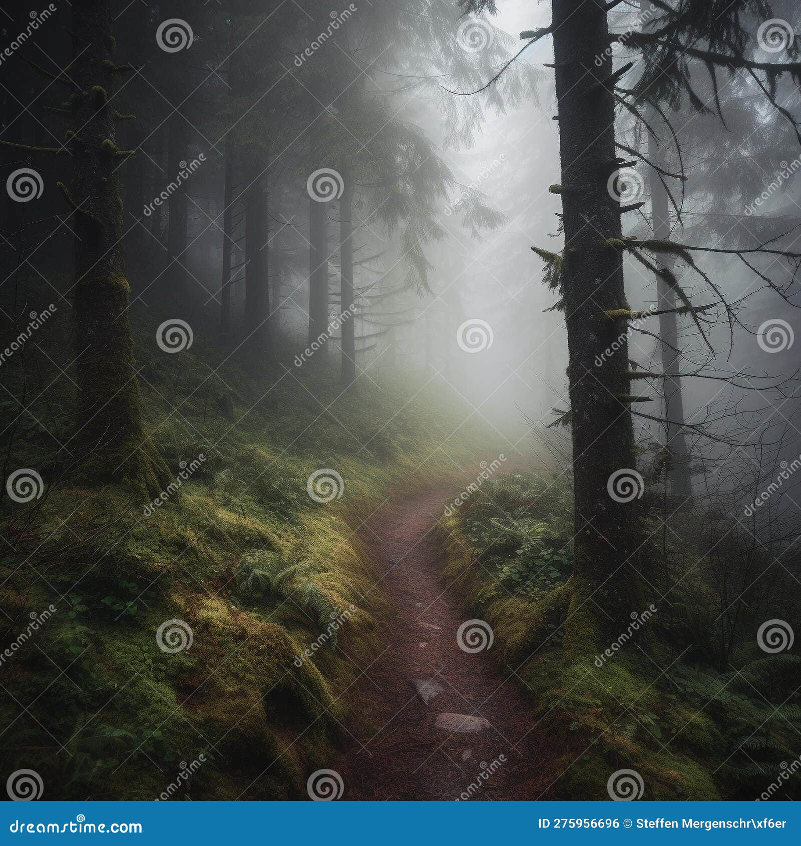 Misty Forest Path in Towering Trees Stock Illustration - Illustration ...
