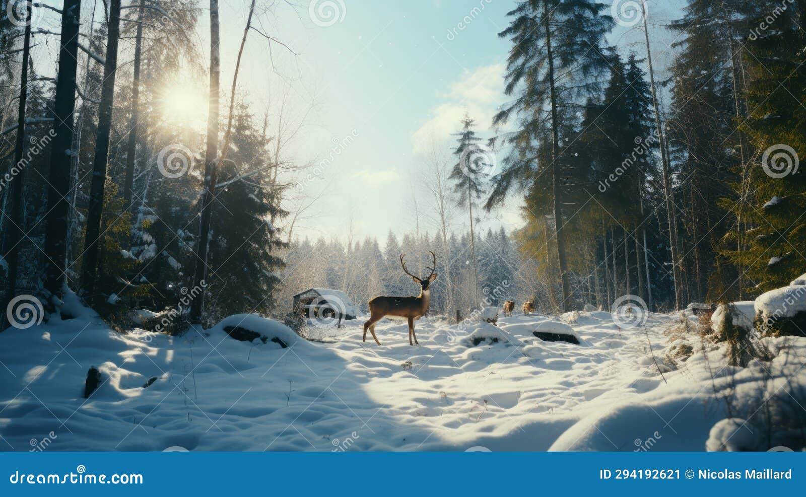 A Peaceful Snowy Forest with Animals Gathering Around a Decorated Tree ...